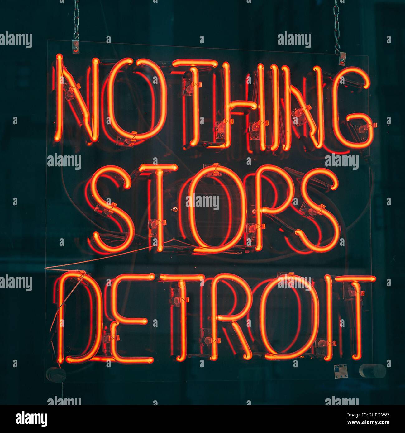 Nothing Stops Detroit neon sign, in downtown Detroit, Michigan Stock ...