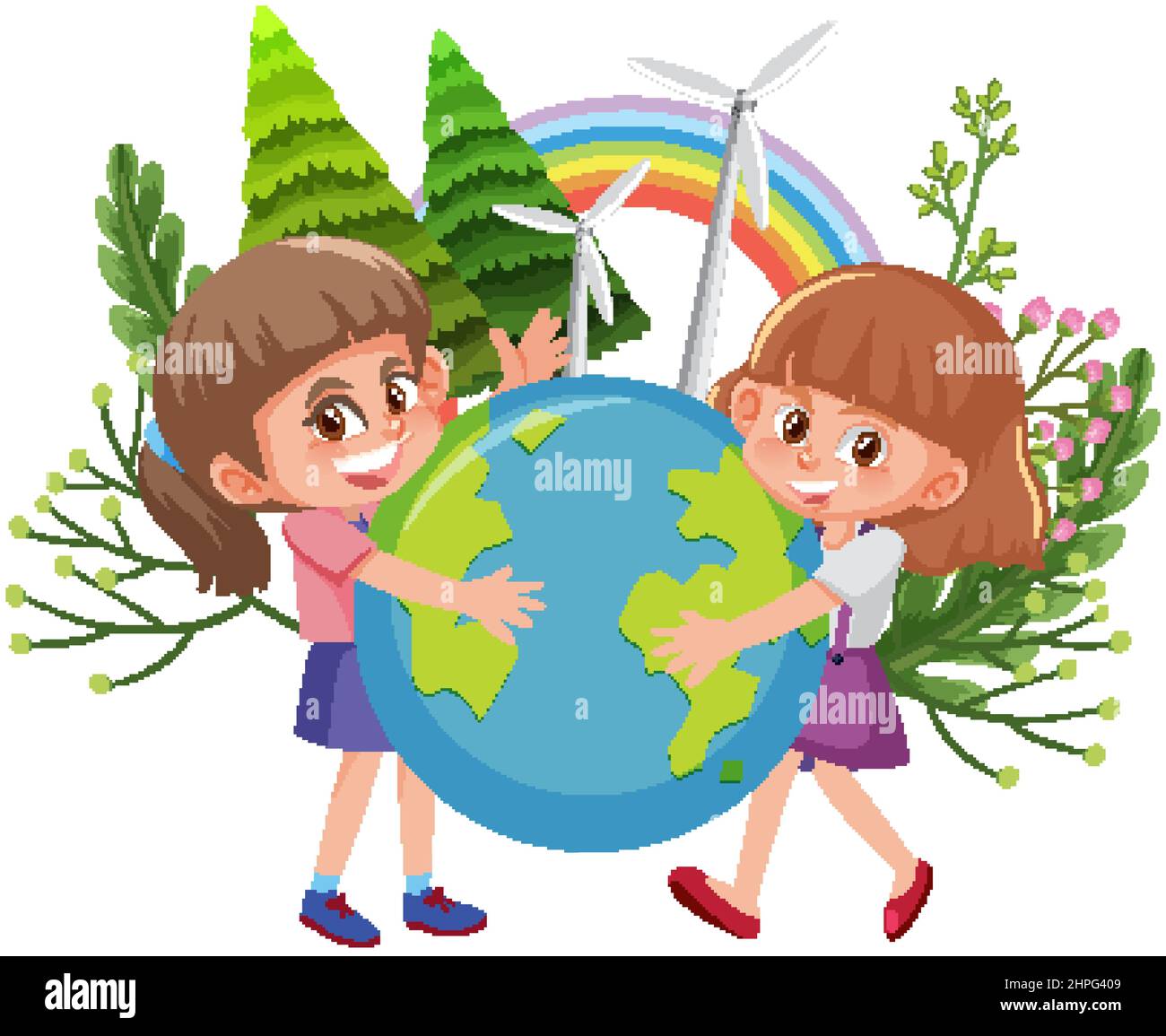 Two girls hugging earth globe togetherin cartoon style illustration ...