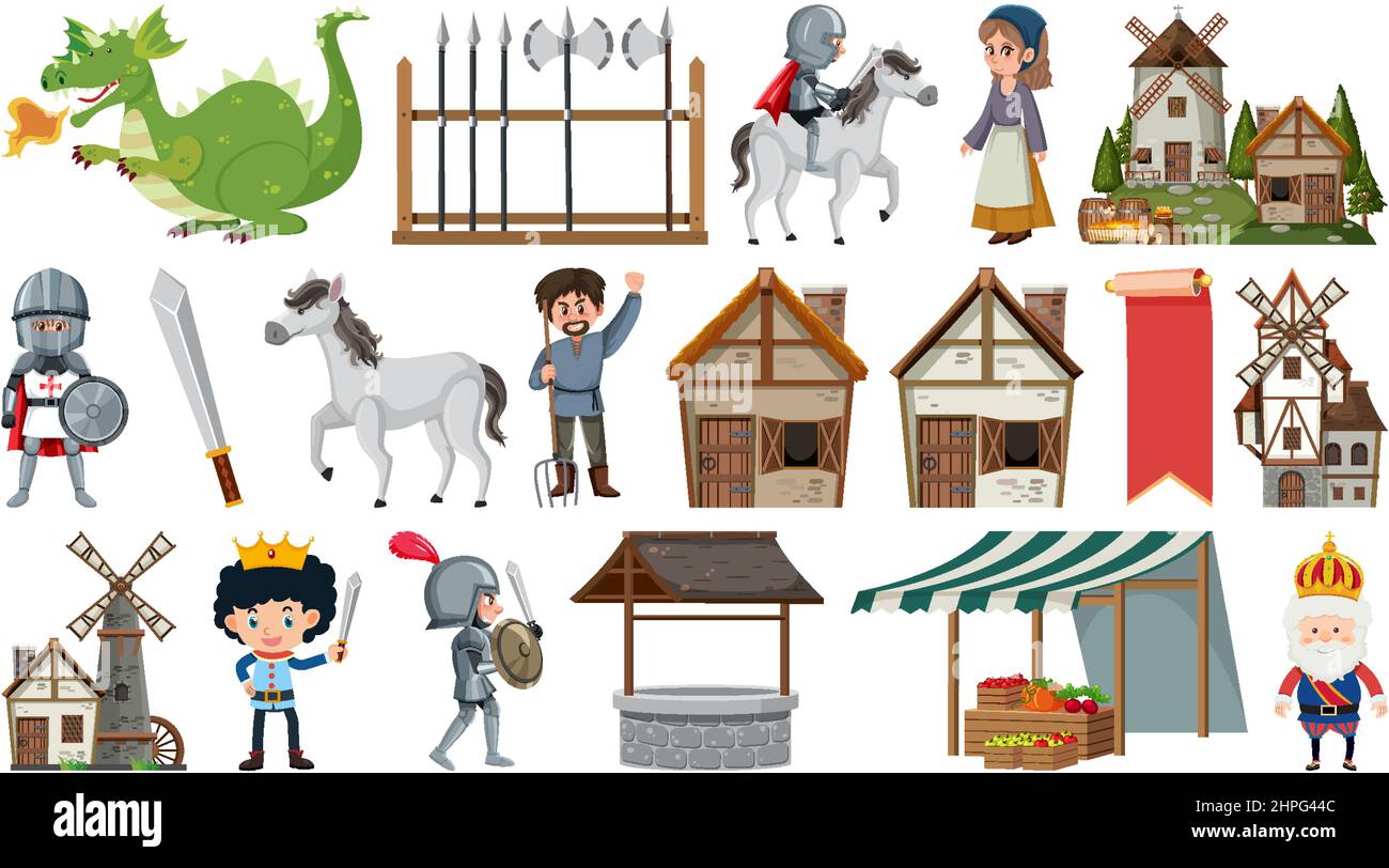 Set of fantasy cartoon characters and elements illustration Stock ...