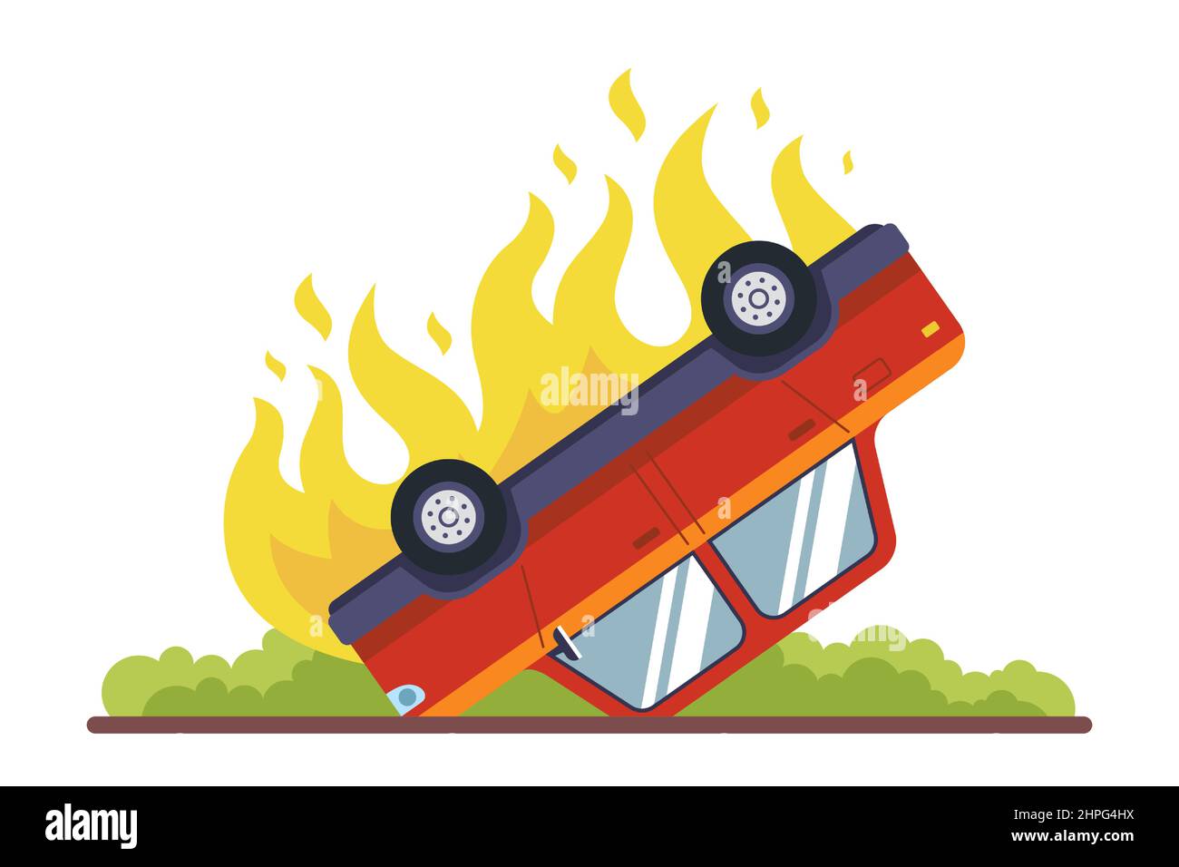 a burning overturned passenger car crashed. flat vector illustration ...