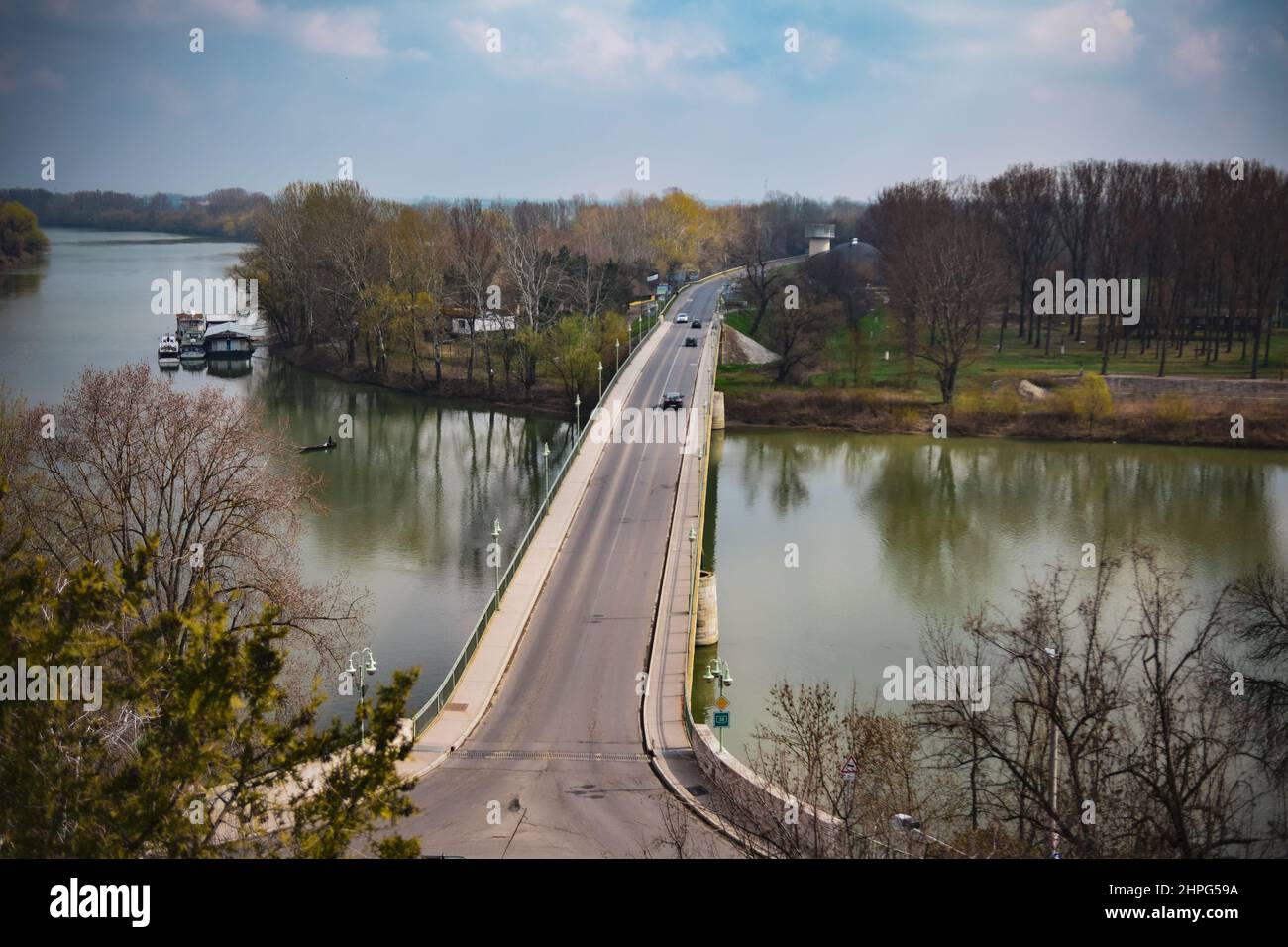 Rural landscape with bridge where rivers Tisza and Bodrog meet. Tokaj ...