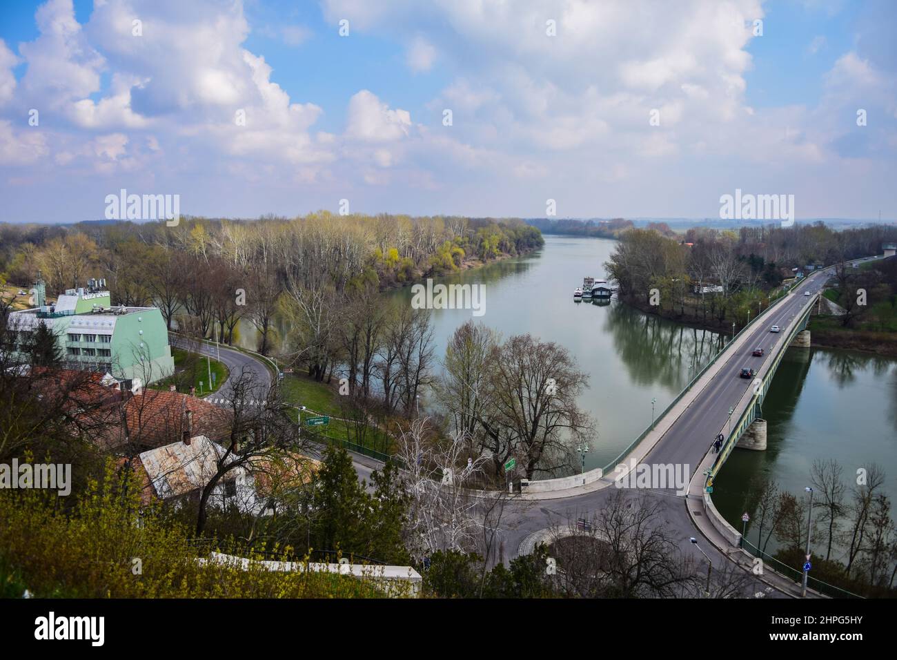 Rural landscape with bridge where rivers Tisza and Bodrog meet. Tokaj ...