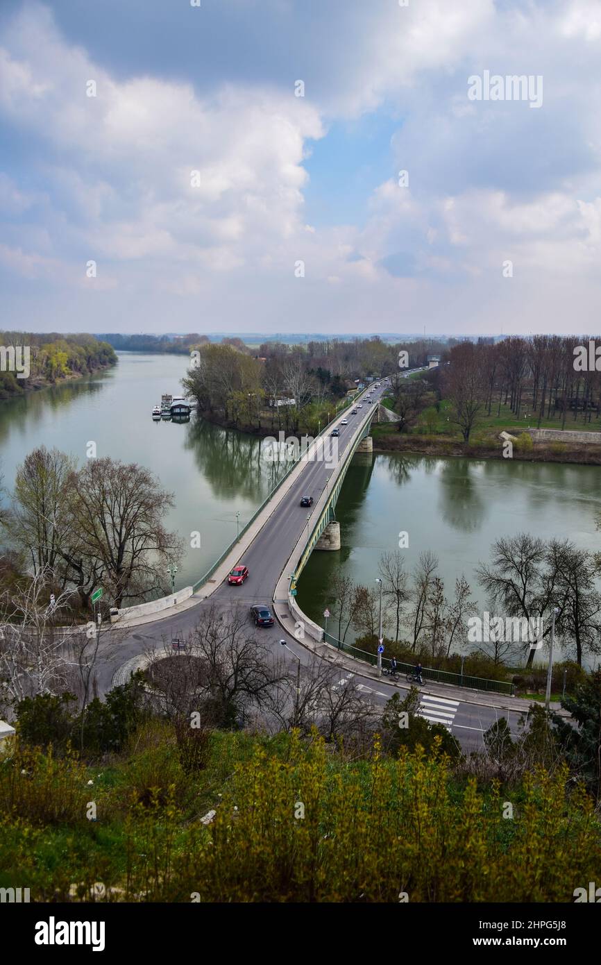 Rural landscape with bridge where rivers Tisza and Bodrog meet. Tokaj ...