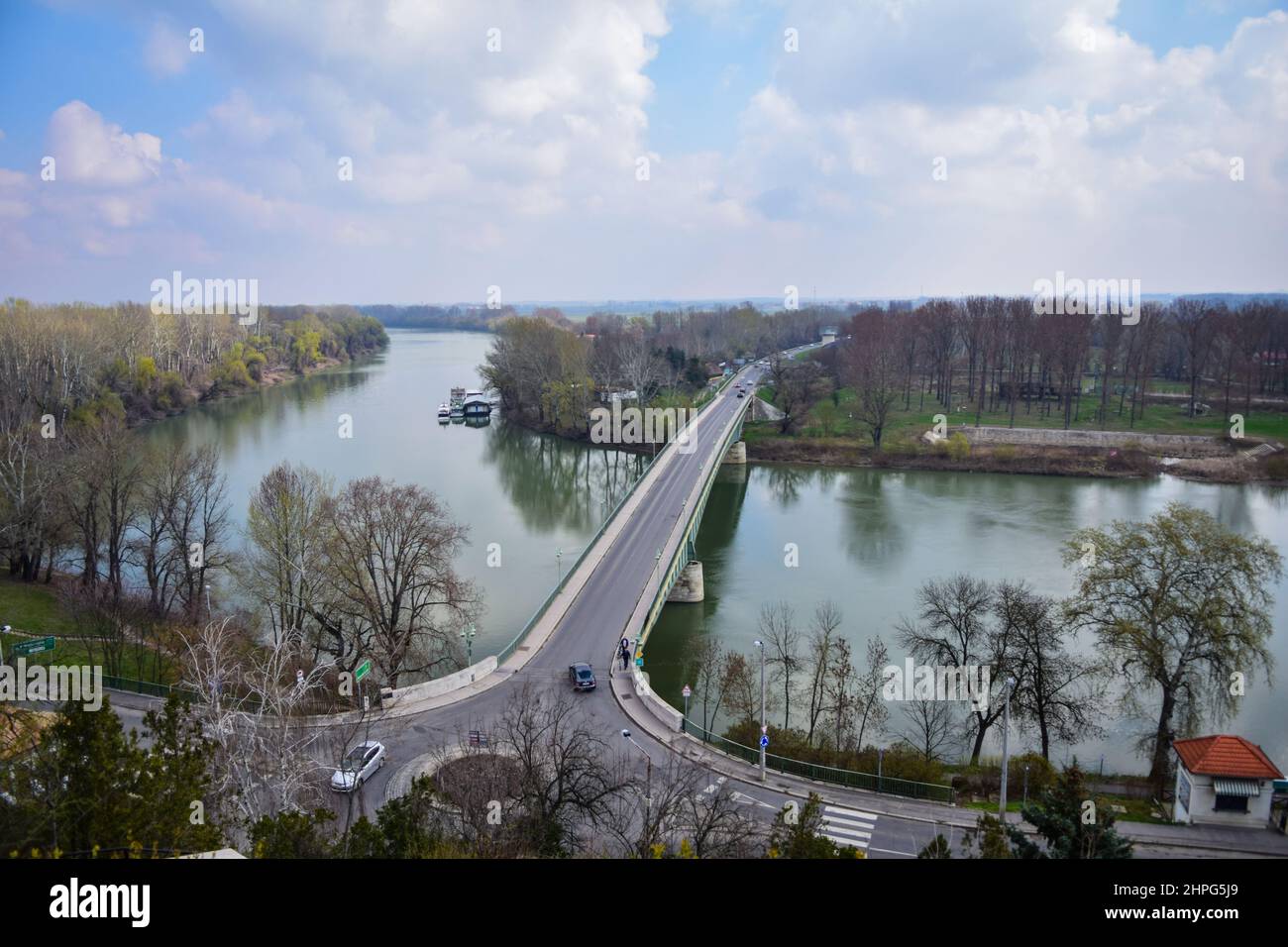 Rural landscape with bridge where rivers Tisza and Bodrog meet. Tokaj ...