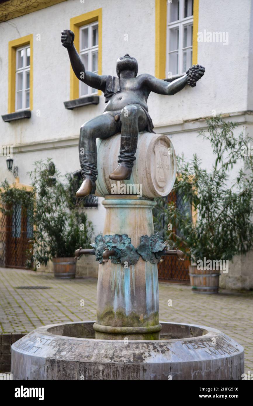 Statue of Bacchus in front of Rakoczi`s cellar. Tokaj is a historical ...