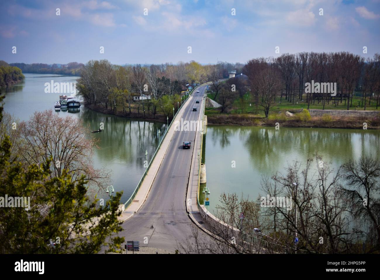 Rural landscape with bridge where rivers Tisza and Bodrog meet. Tokaj ...