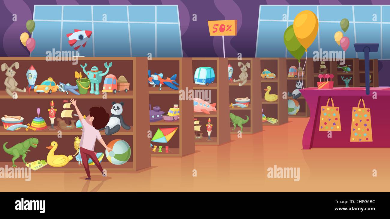 Toy store. Interior of game store for kids happy children select ...