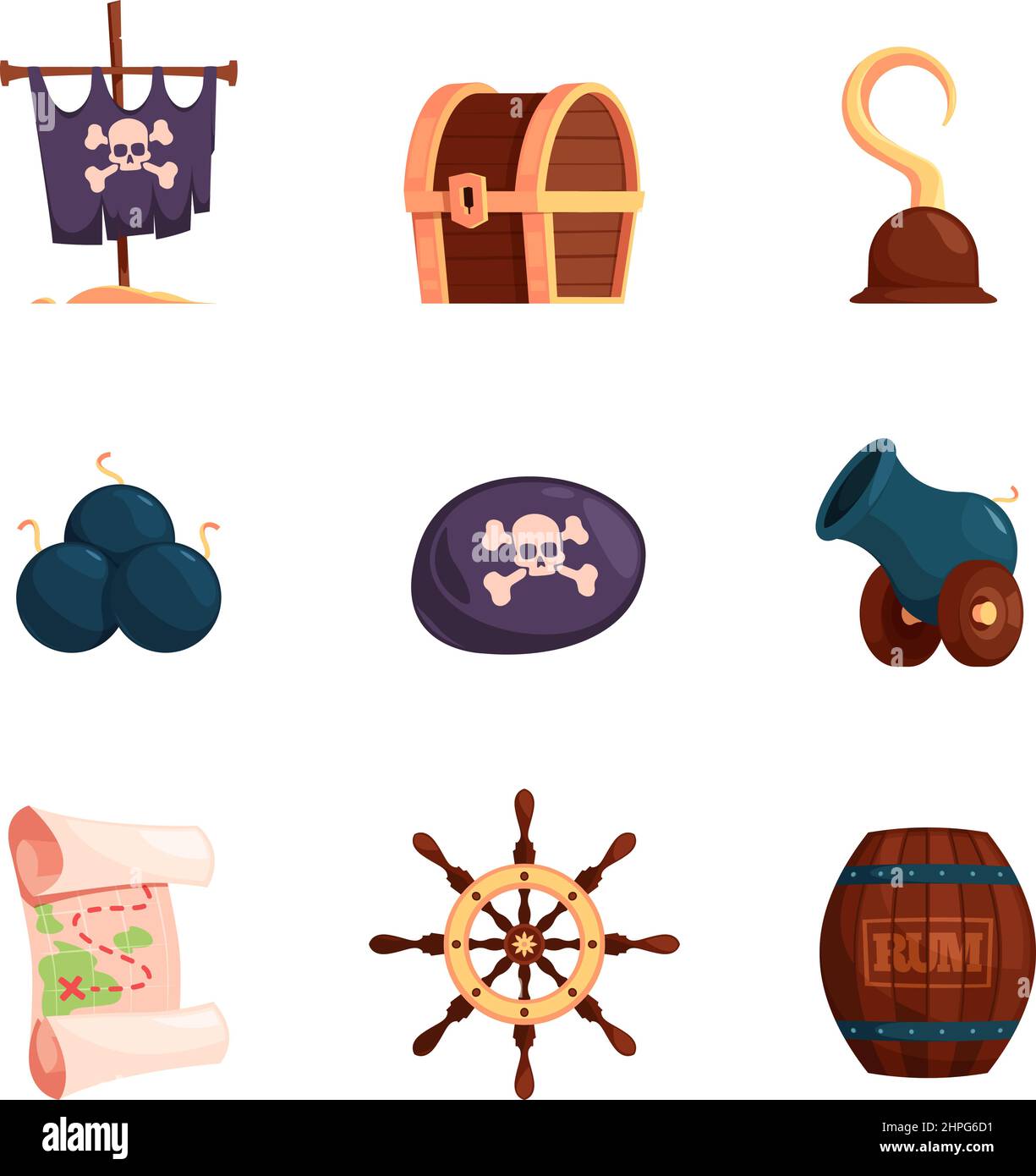 Pirate collection. Treasure chest letter bottle bomb spyglass cannon ...