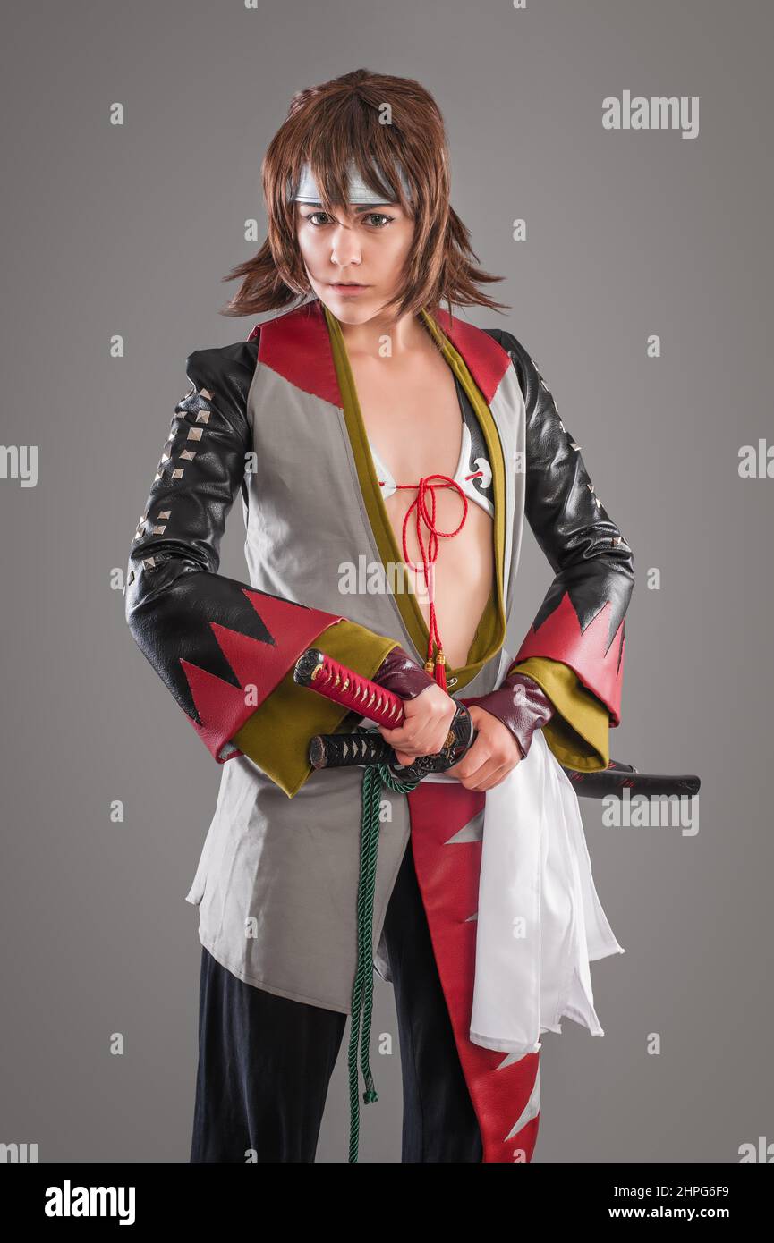 Japanese samurai with katana sword. Studio shoot. Isolated Stock Photo ...