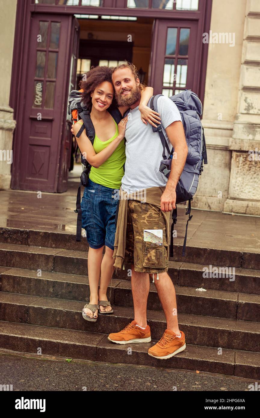 Beautiful couple of tourists in love enjoy their journey Stock Photo ...