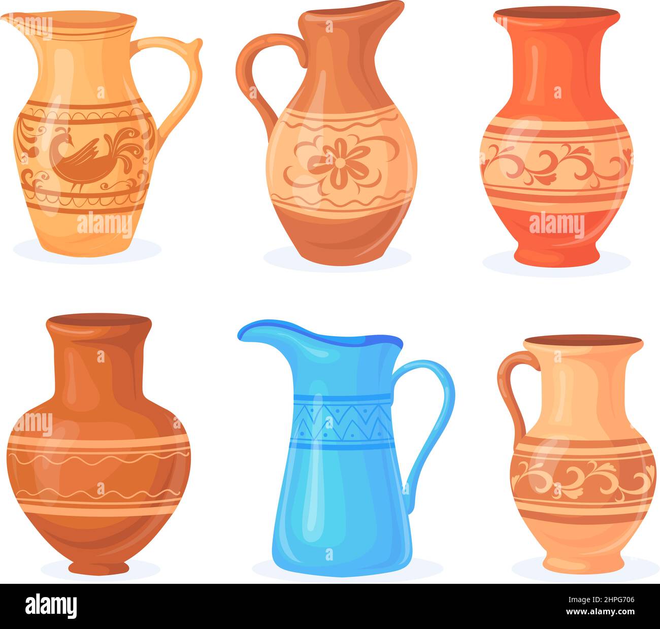 Cartoon rustic pottery. Clay jars bowl dish pot old art jug, isolated ...