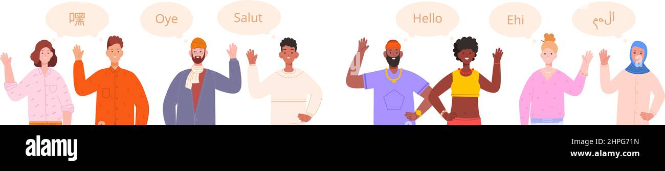 People sgreeting languages. Say hi hello greeting foreign student ...