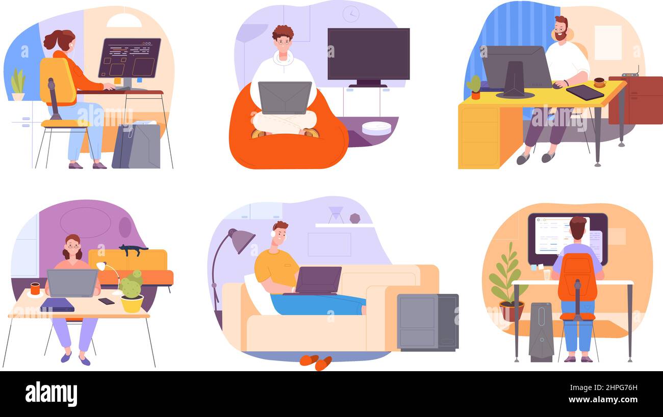 Freelance use computer home. Laptop in office desk, cartoon woman man ...