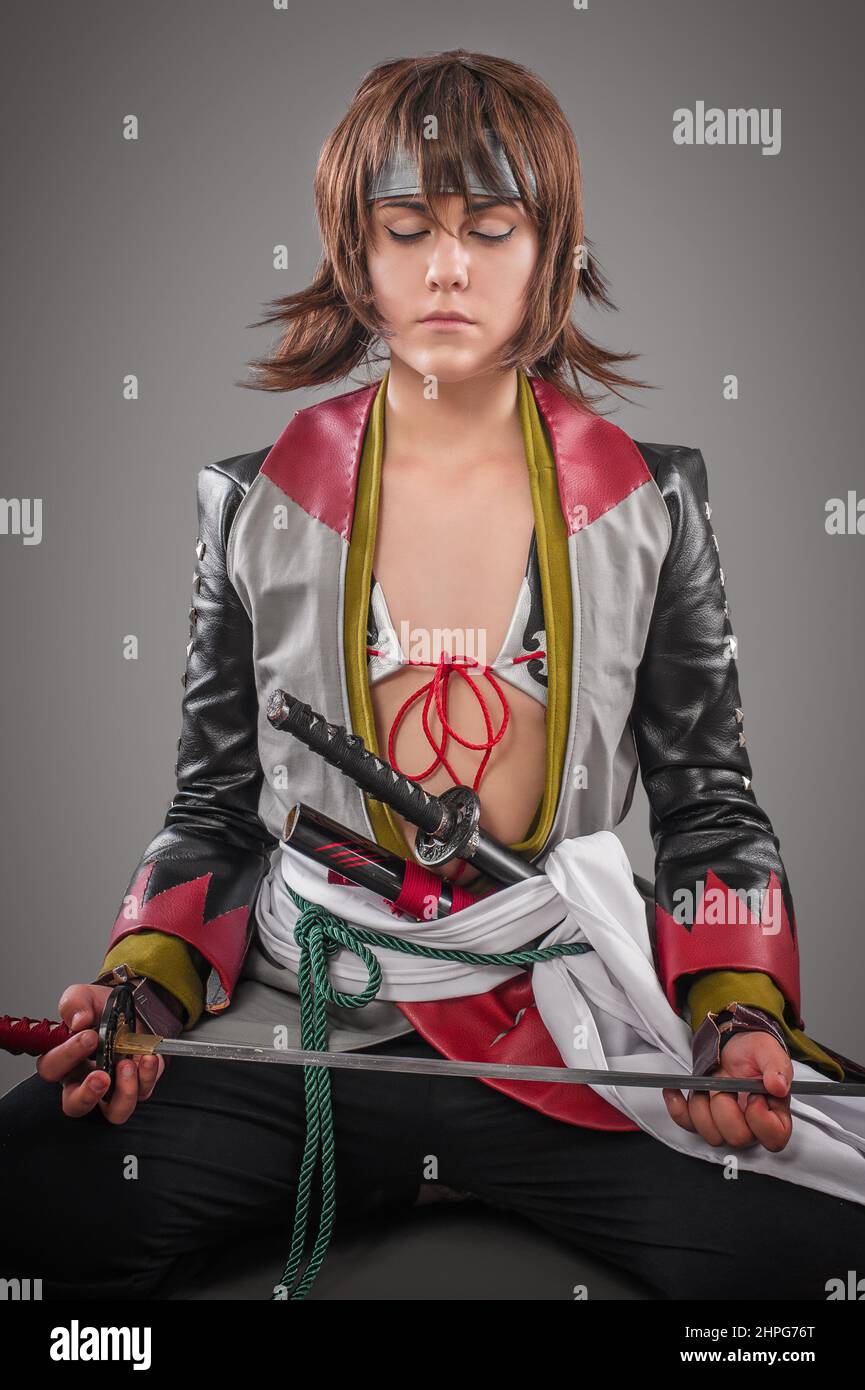 Japanese samurai with katana sword. Studio shoot. Isolated Stock Photo ...