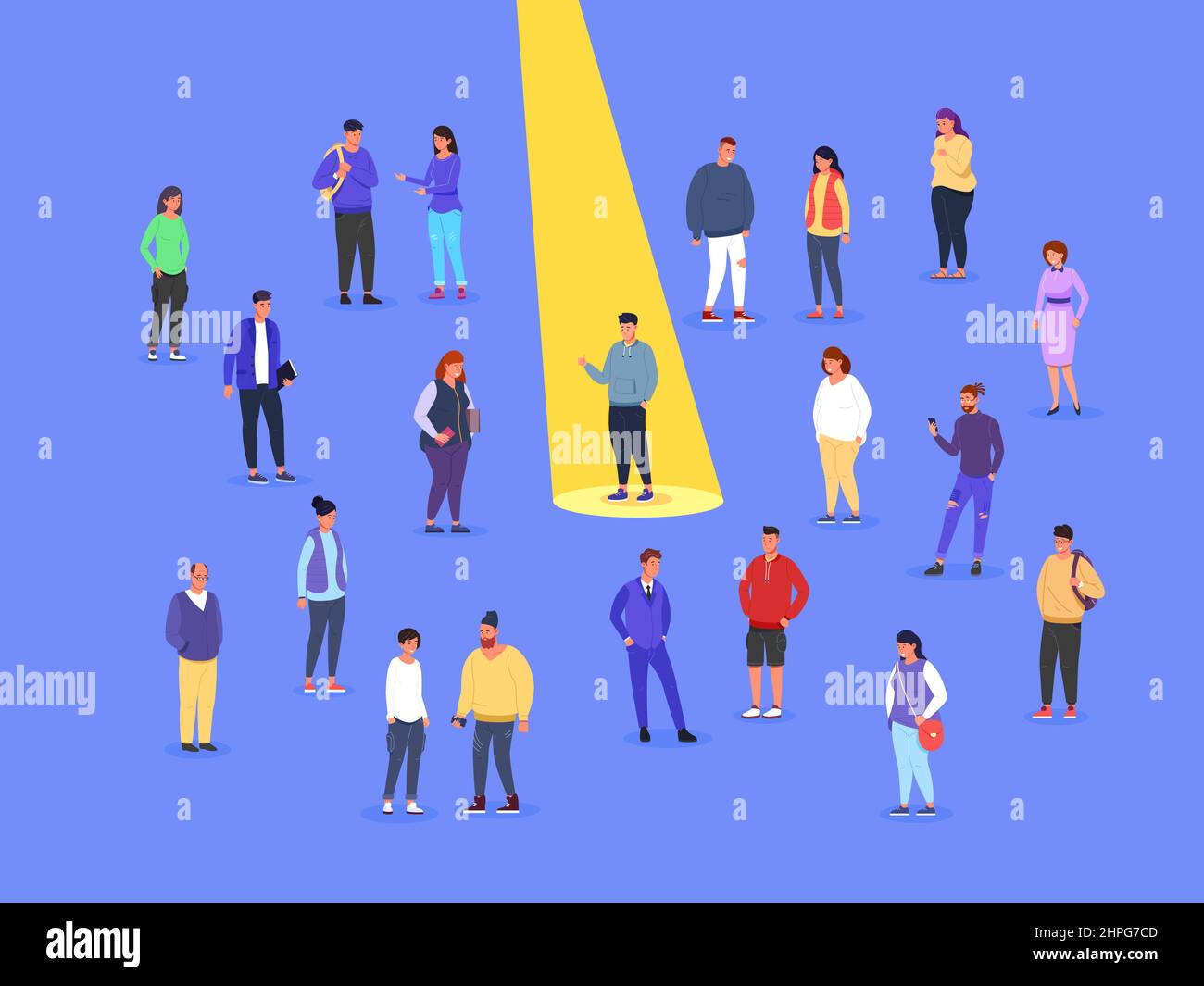 Employee in spotlight crowd. Recruiting success candidate, individual ...