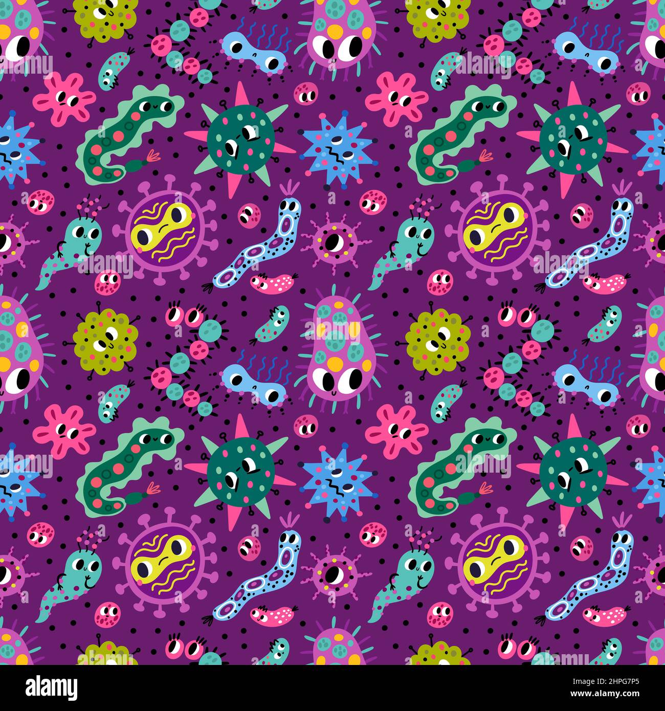 Funny bacteria seamless pattern. Microscopic monsters. Viruses and ...
