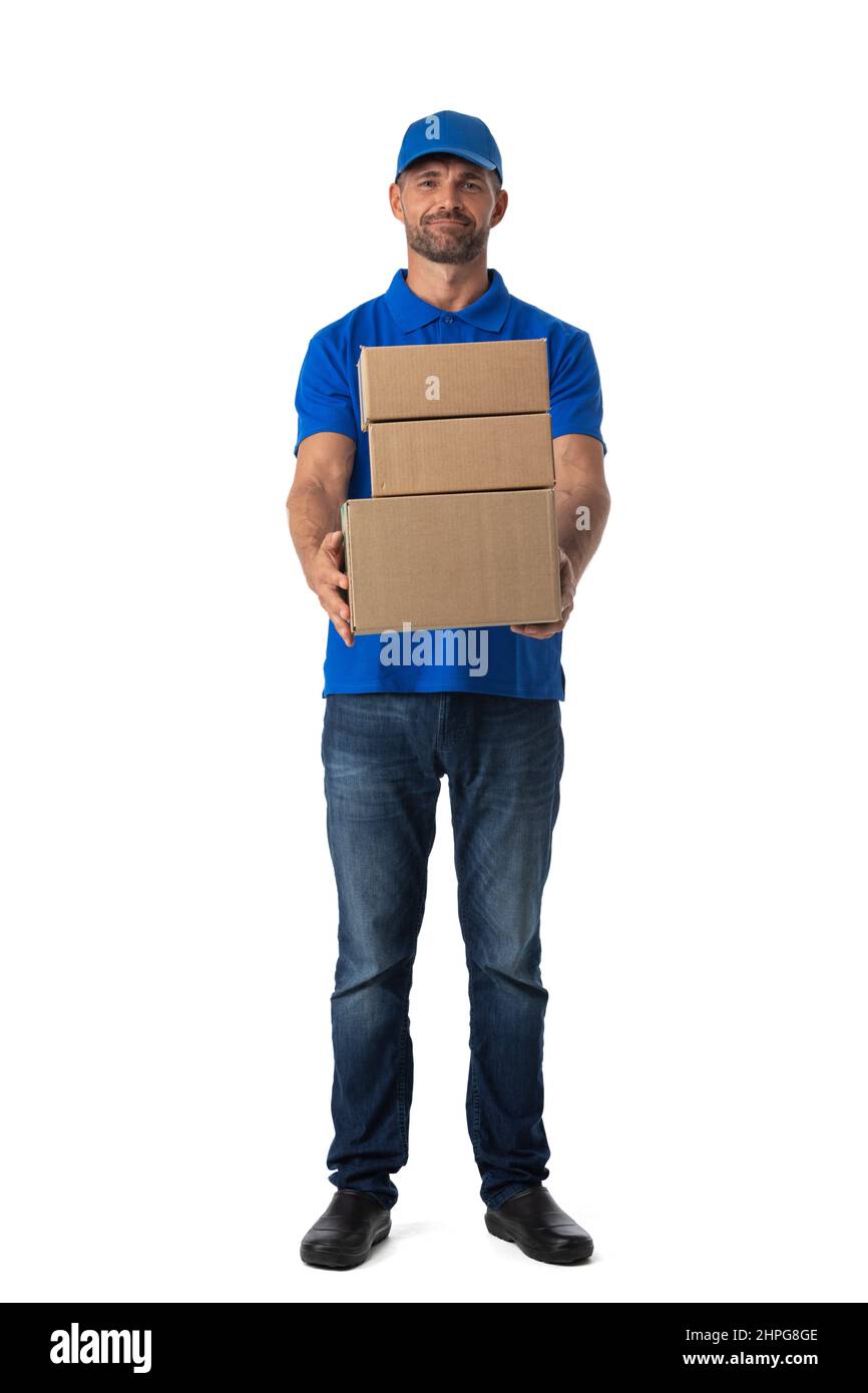Delivery man with boxes isolated on white background Stock Photo - Alamy