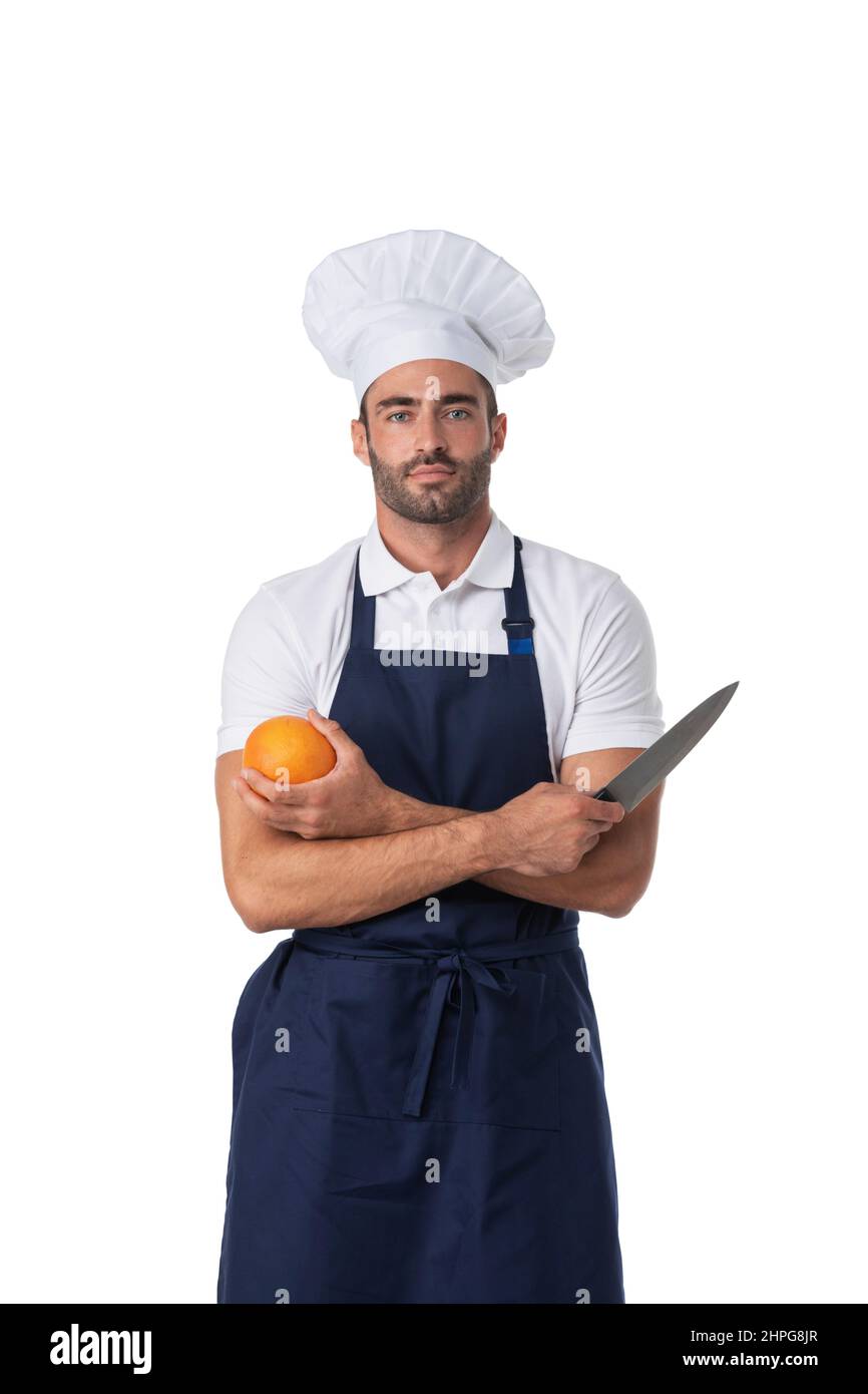 Portrait of a male cook isolated on a white studio background. Concept ...