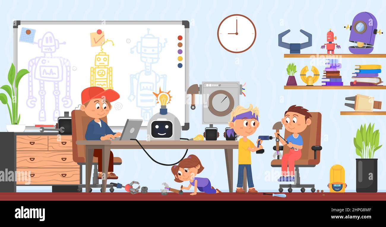 Children robotics. Kids make robots, geek team project. Technology award, students develop and ...