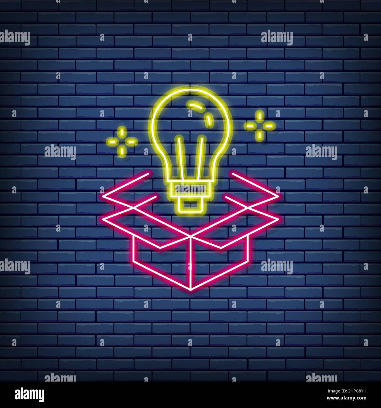 Vector light bulb in box, innovation, creative idea neon sign Stock ...