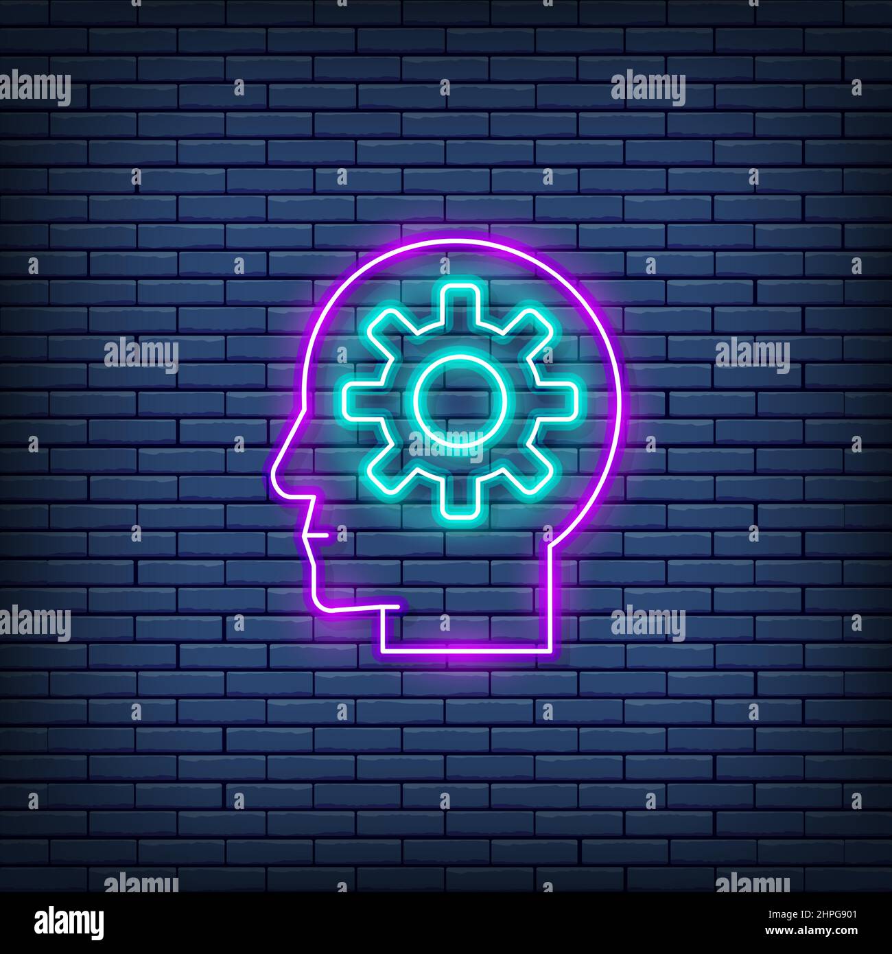 Vector head with gear, brain process, knowledge, think, idea neon sign ...