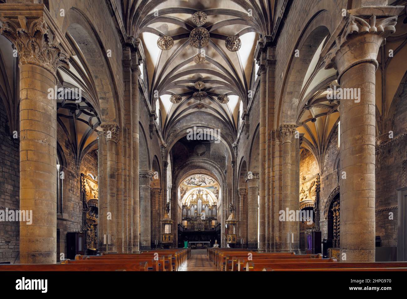 Jaca, Huesca Province, Aragon, Spain. Nave of the Romanesque Catedral ...