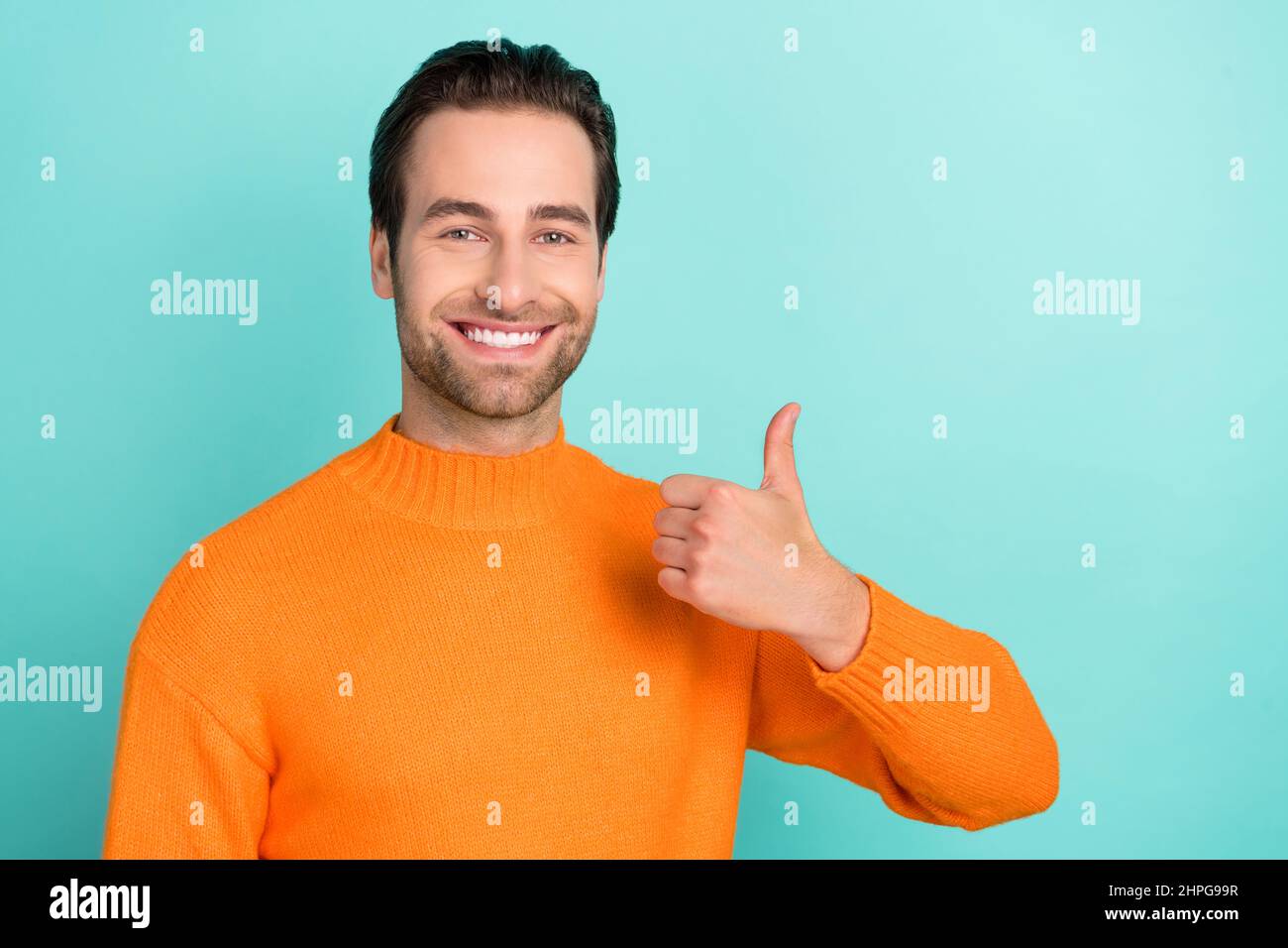 Photo of young man show thumb-up approve good ideal select promoter ...