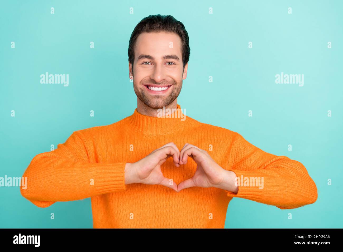 Photo of satisfied friendly person toothy smile hands fingers make ...