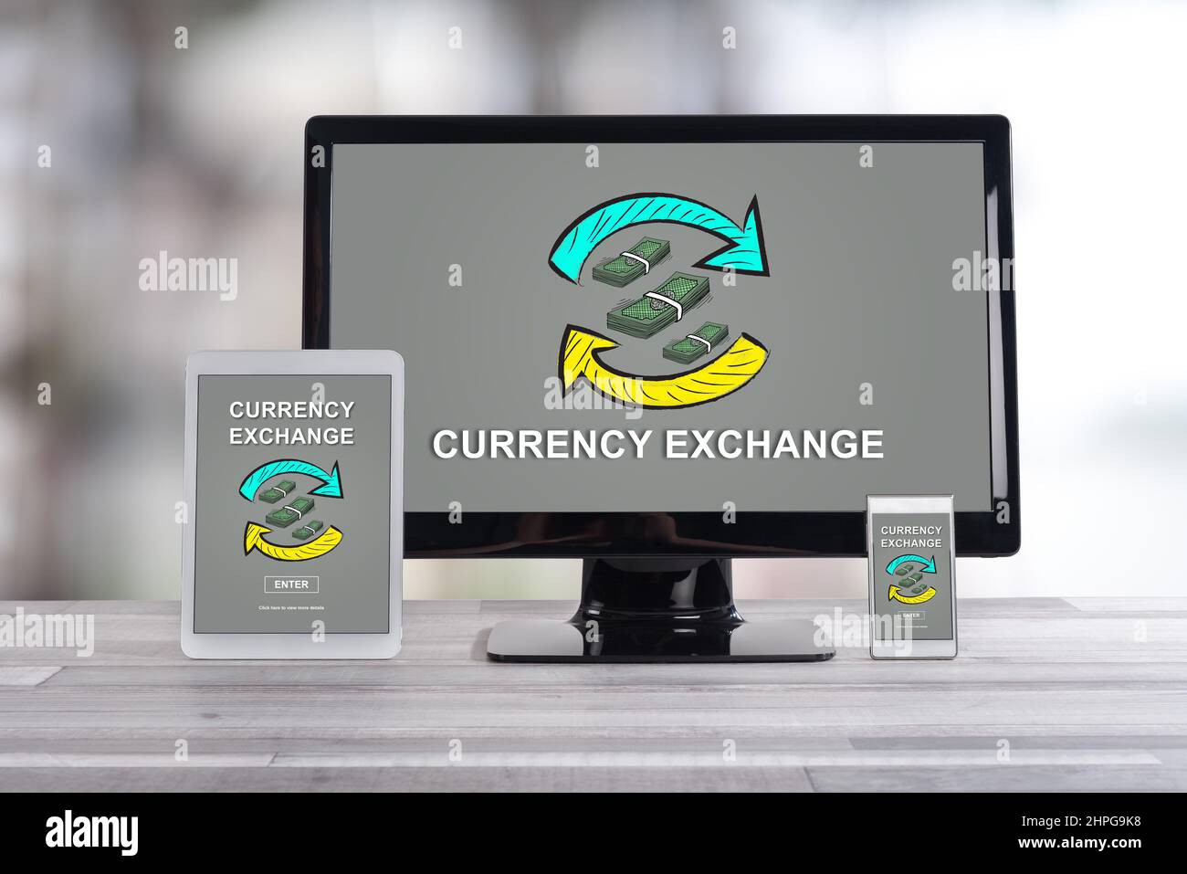 Currency exchange concept shown on different information technology ...