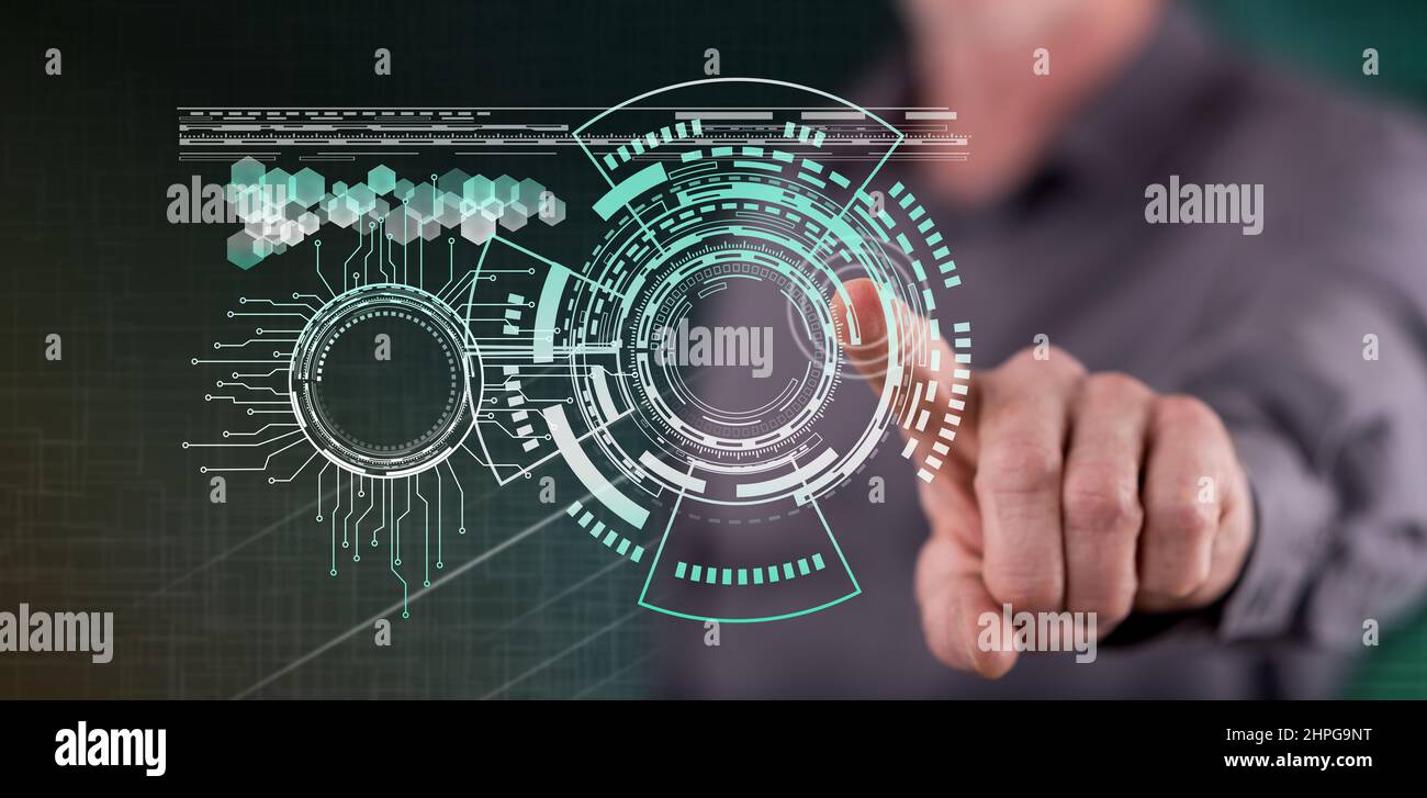 Man touching a technology concept on a touch screen with his finger ...