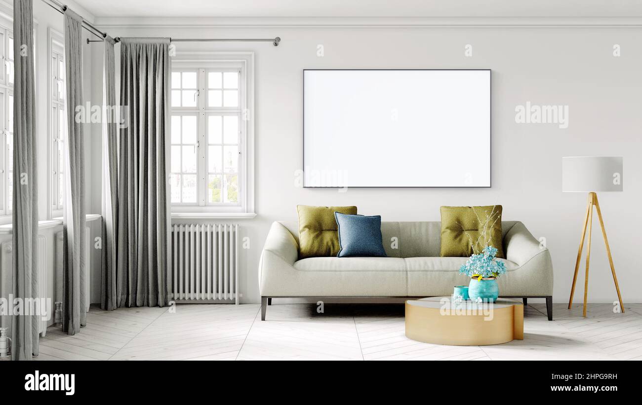 Modern interior of a room with an empty painting. Sofa and large window ...