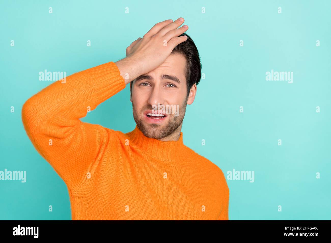 Photo of unsatisfied young man arm on forehead look camera feel bad ...