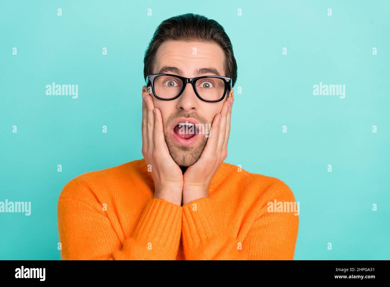 Photo of young astonished man crazy open mouth fake gossip information ...