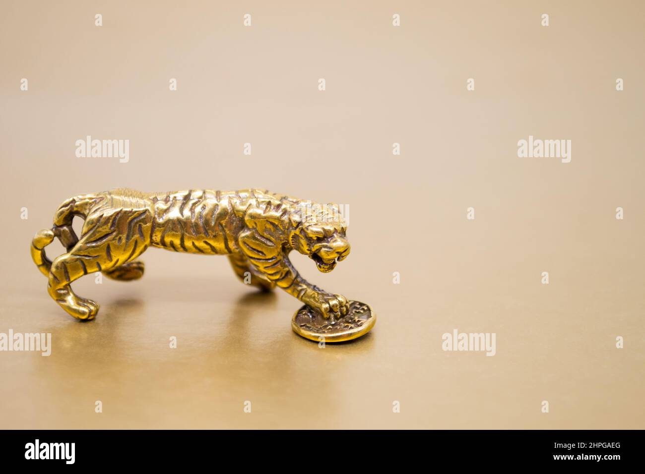 A bronze figure of a tiger with a coin - the symbol of the Chinese new ...