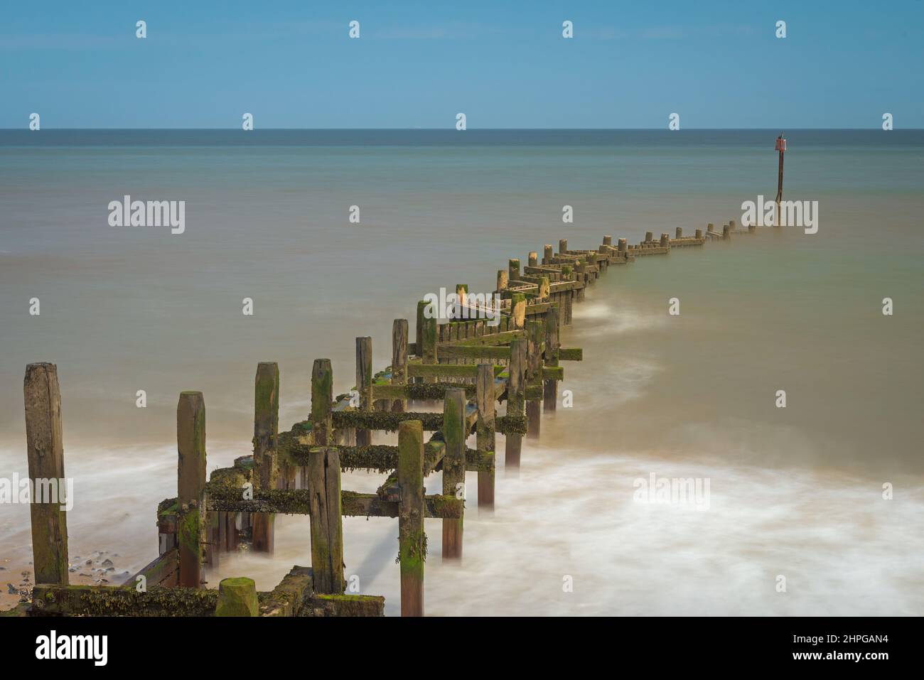 View out across the North Sea from the clifftop at Overstrand, Norfolk ...