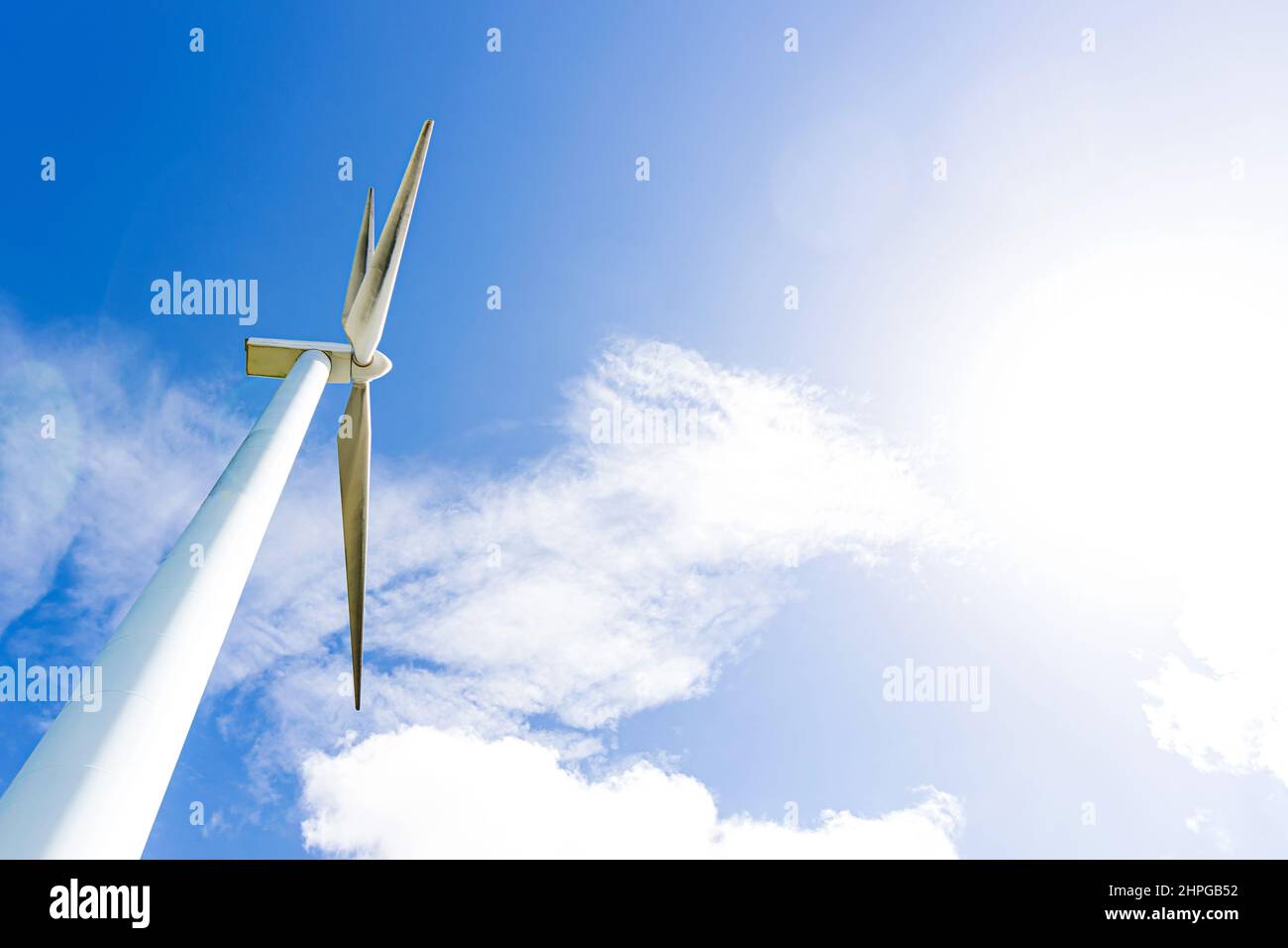 View from below of a wind turbine in a wind farm in Galicia, with the ...