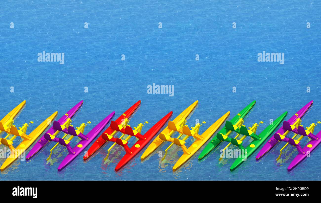 row of catamarans of different colors above view. 3d rendering Stock ...