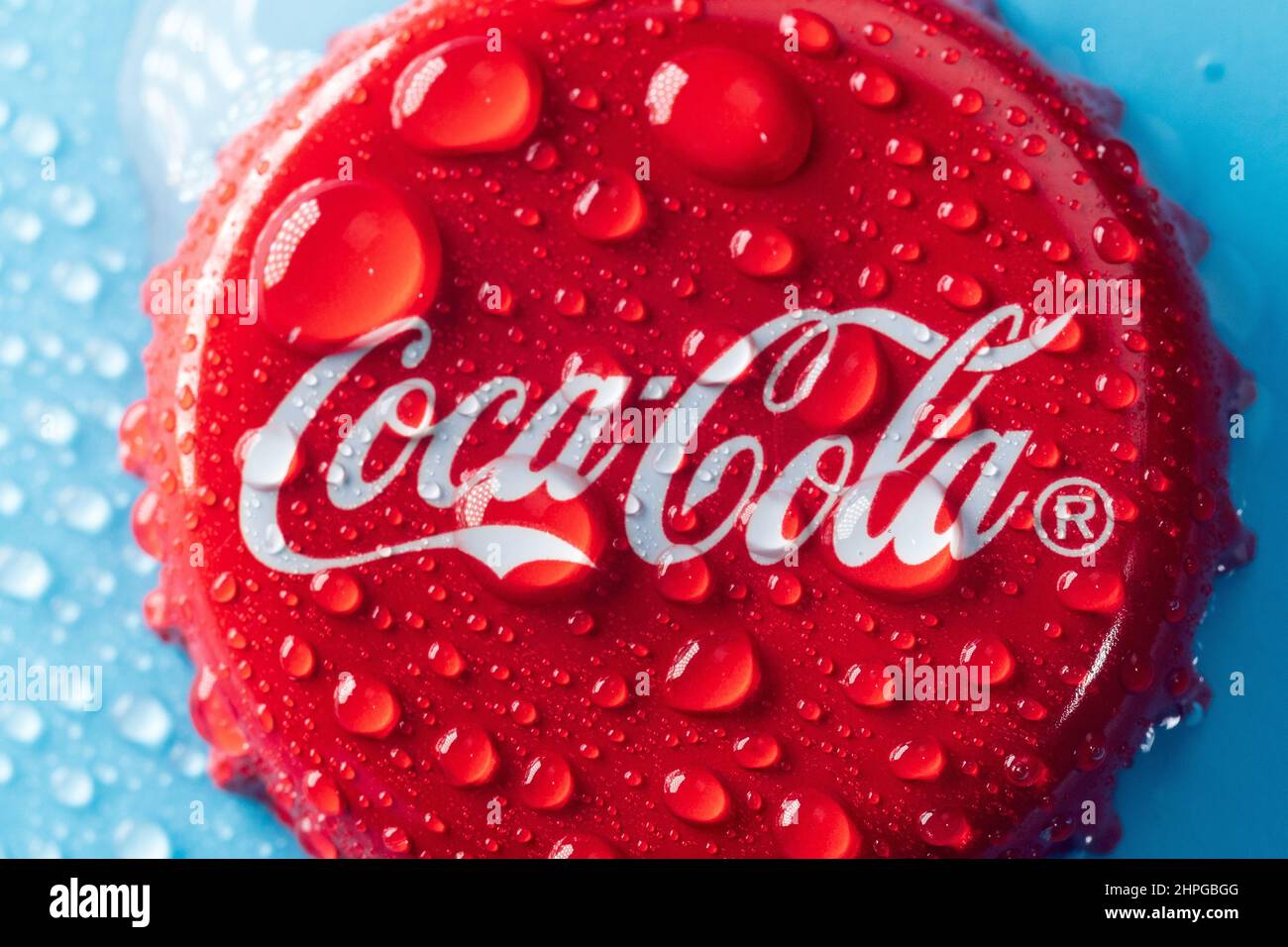 Tyumen, Russia-January 19, 2022: Coca Cola cap logo close up with water ...
