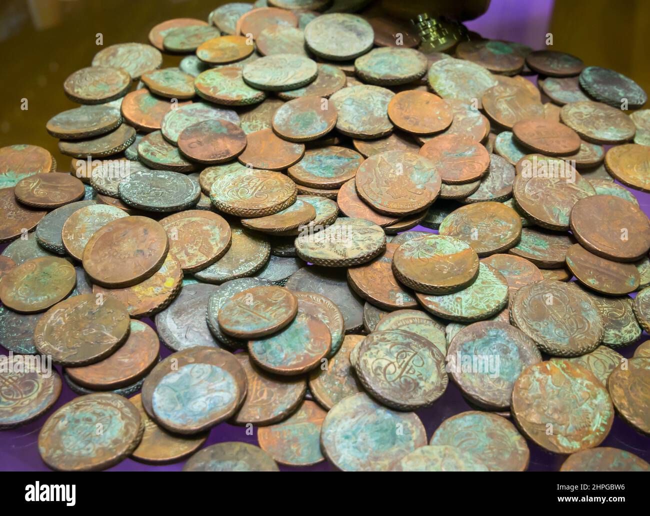 A scattering of copper Russian coins of the 18th century Stock Photo ...