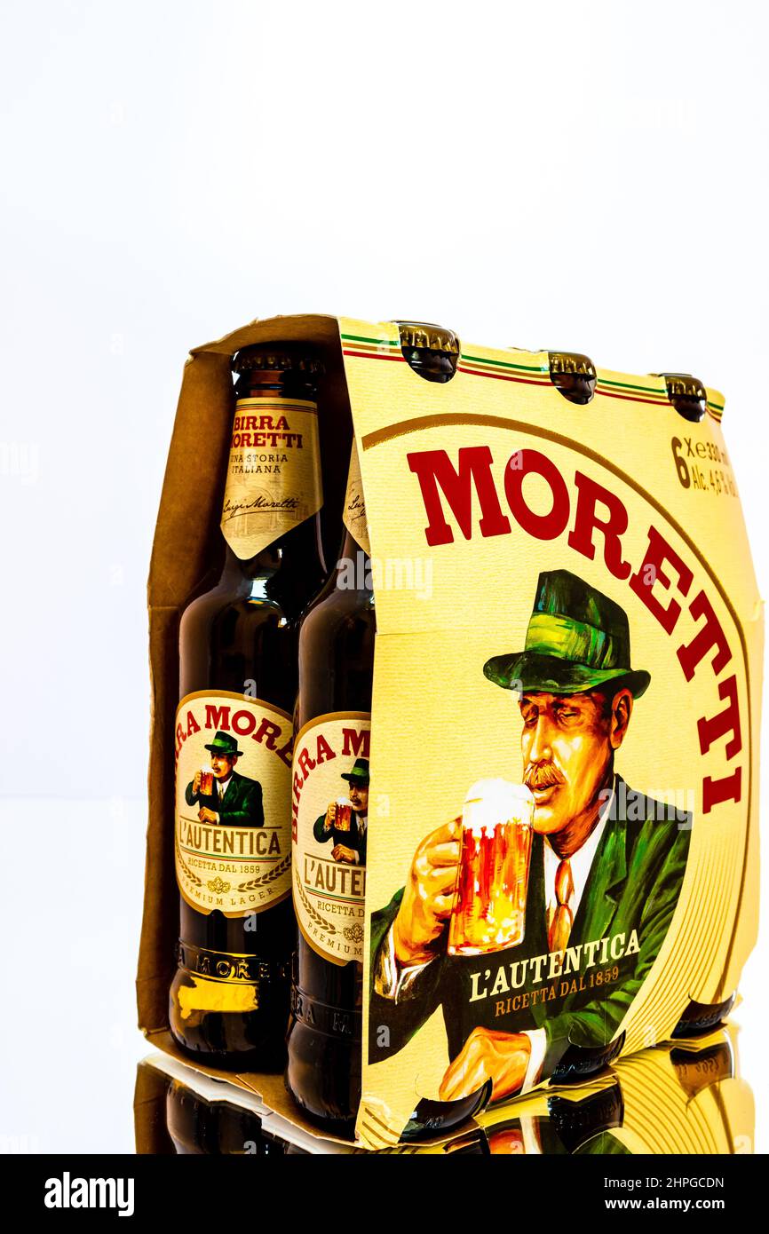 6 pack of Birra Moretti beer. Illustrative editorial photo Bucharest ...