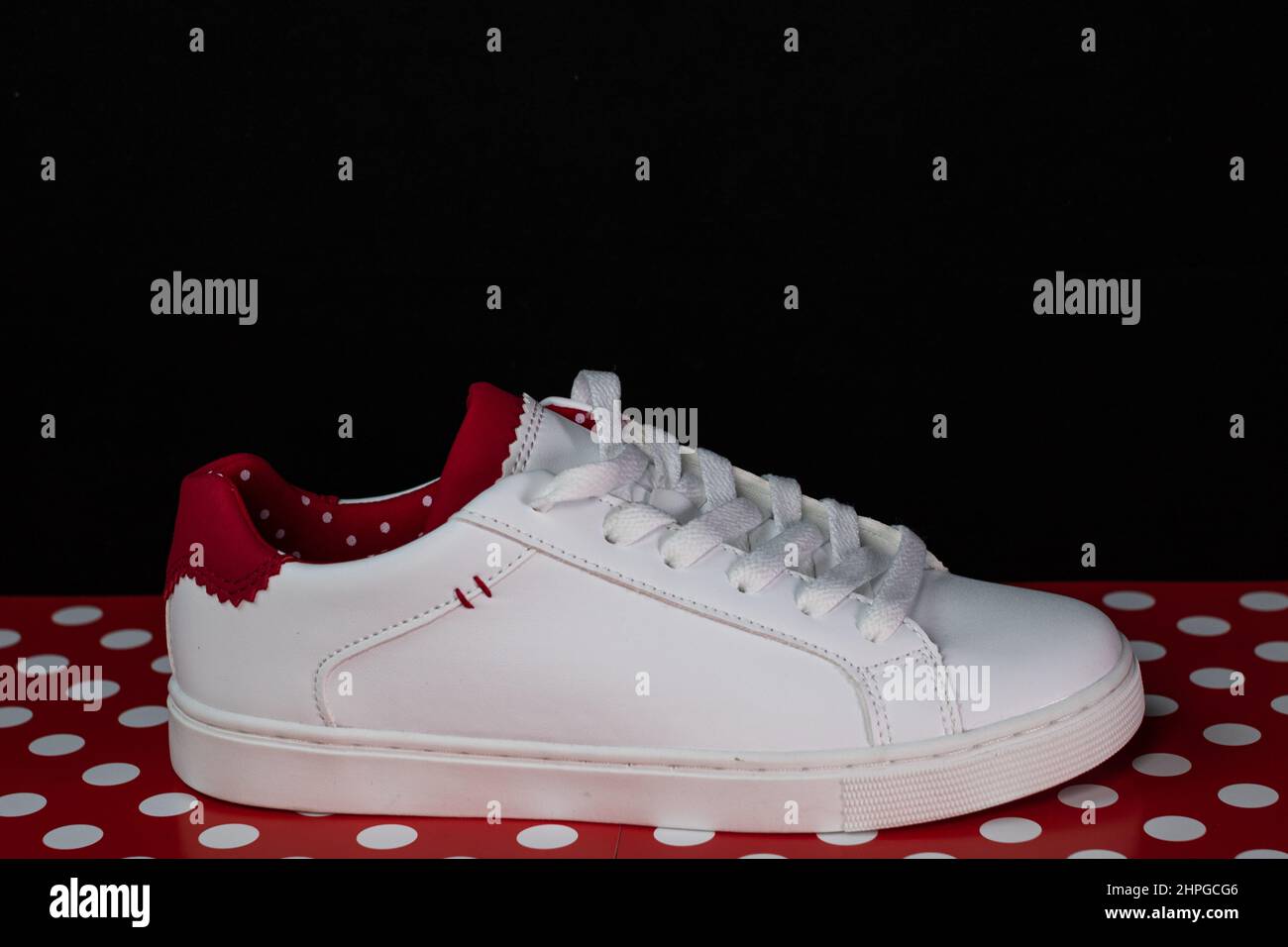 Close up on details of sport shoes with white dots in Bucharest ...
