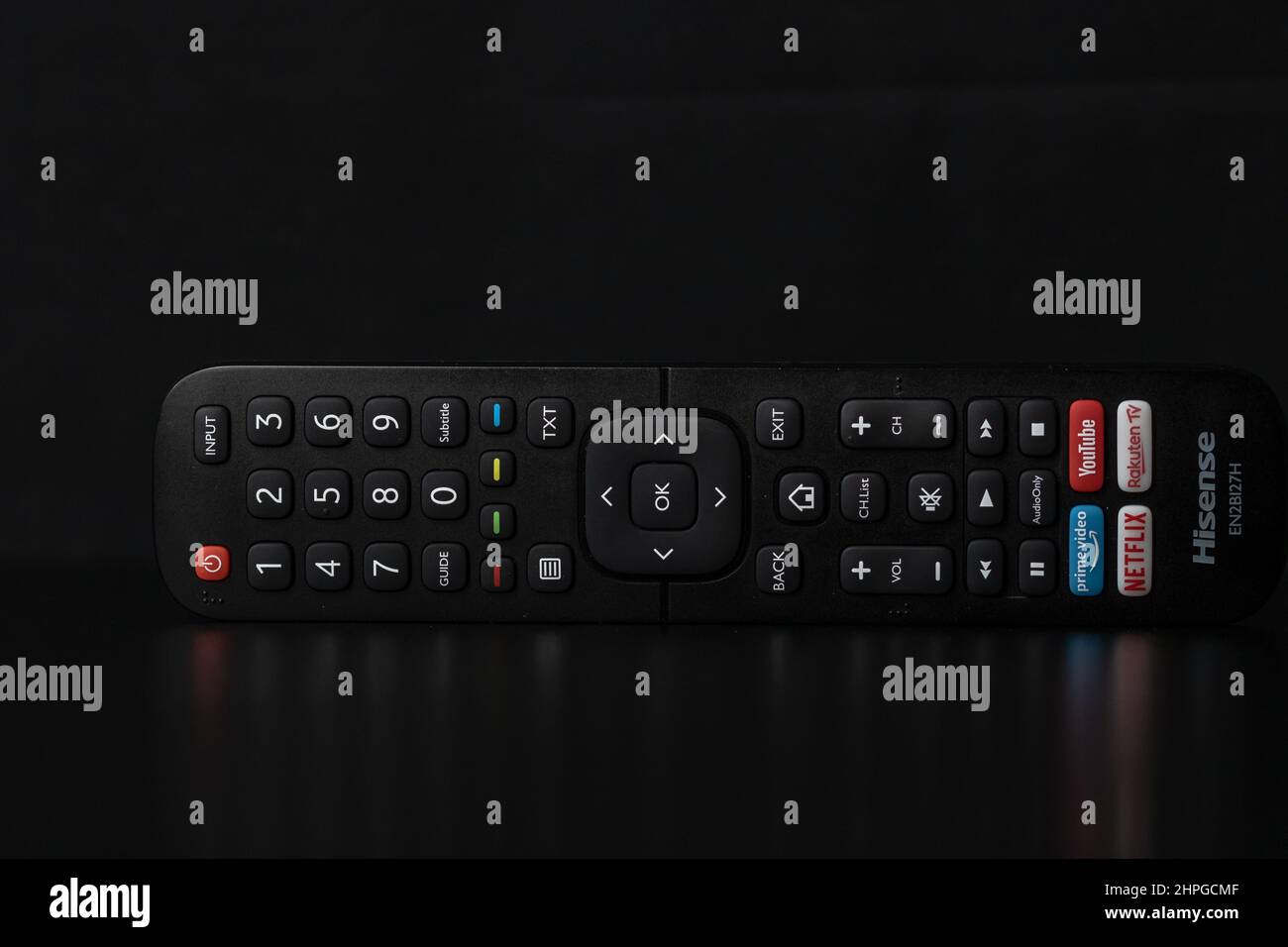 Selective focus, details of TV remote control buttons. Bucharest ...