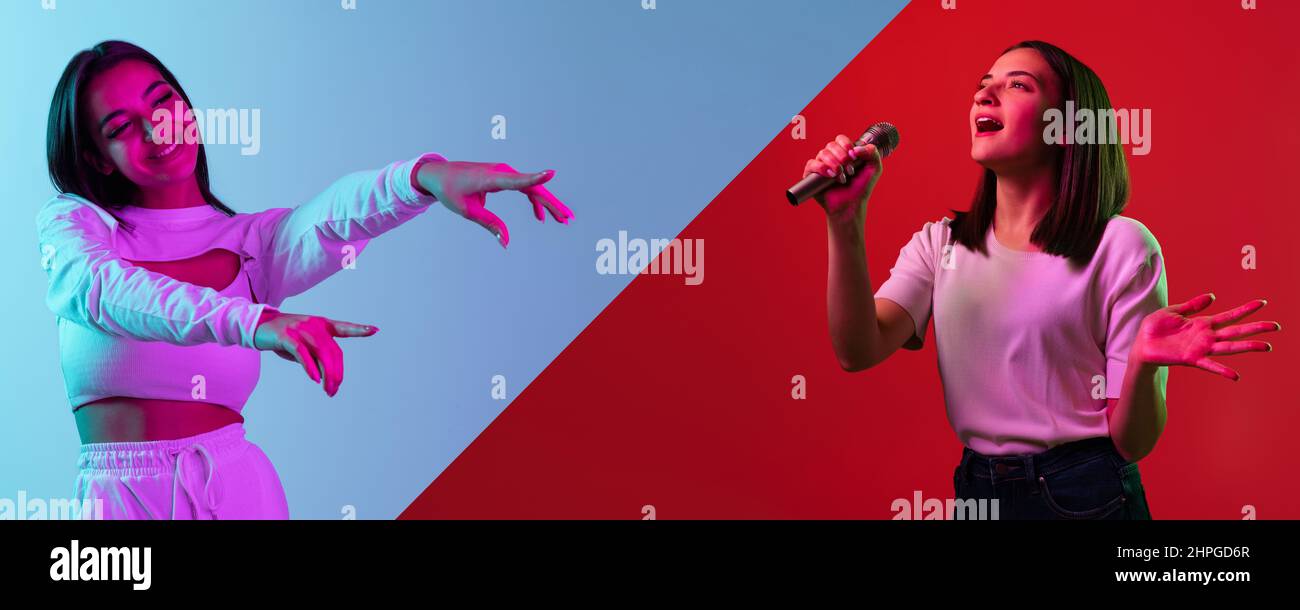 Collage with two young girls singing and dancing isolated over ...