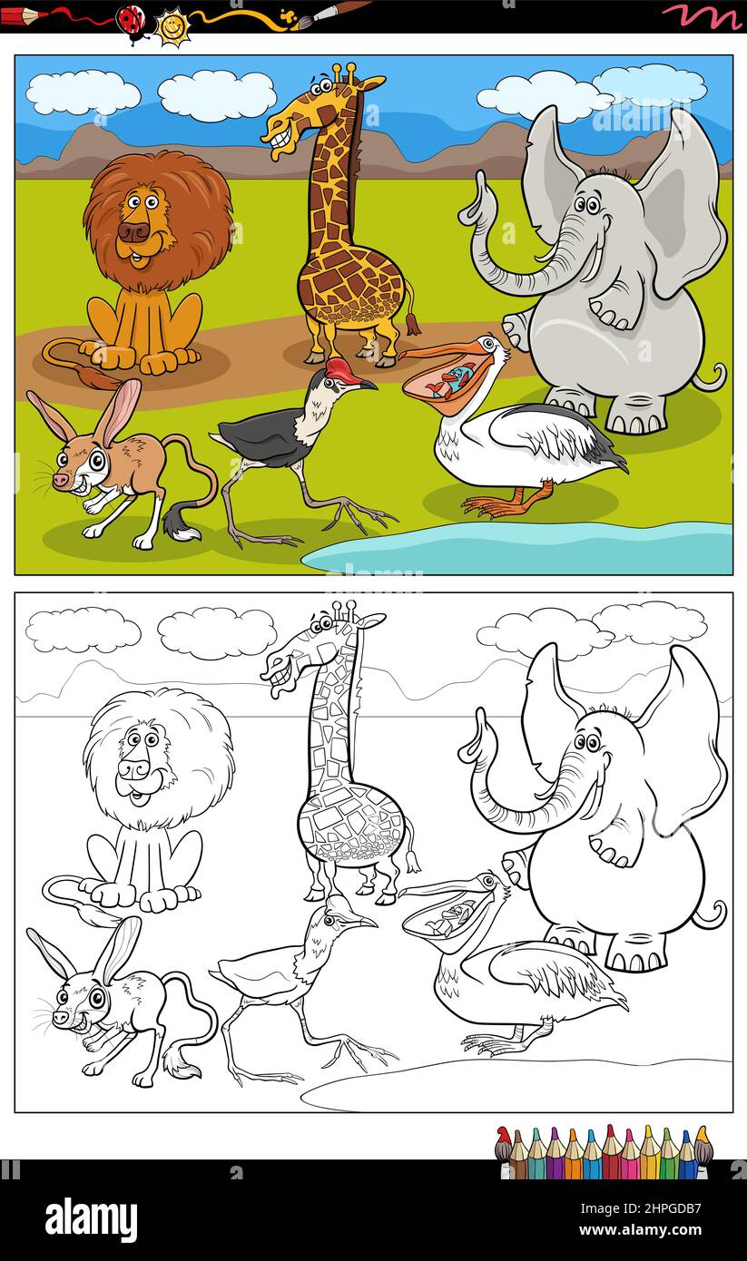 Cartoon illustration of animal comic characters group coloring book ...