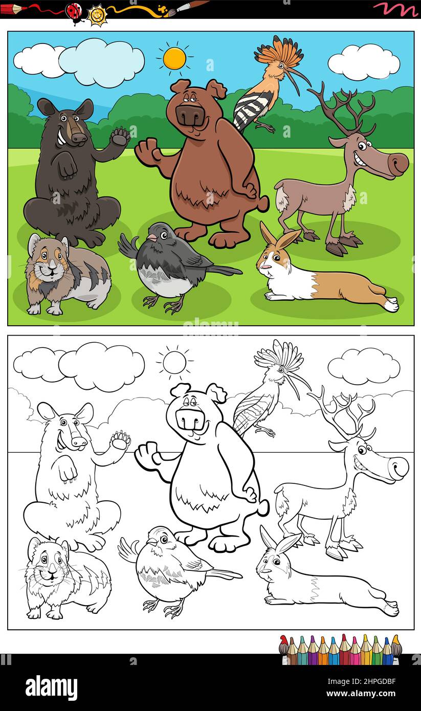 Cartoon illustration of funny wild animal characters group coloring ...