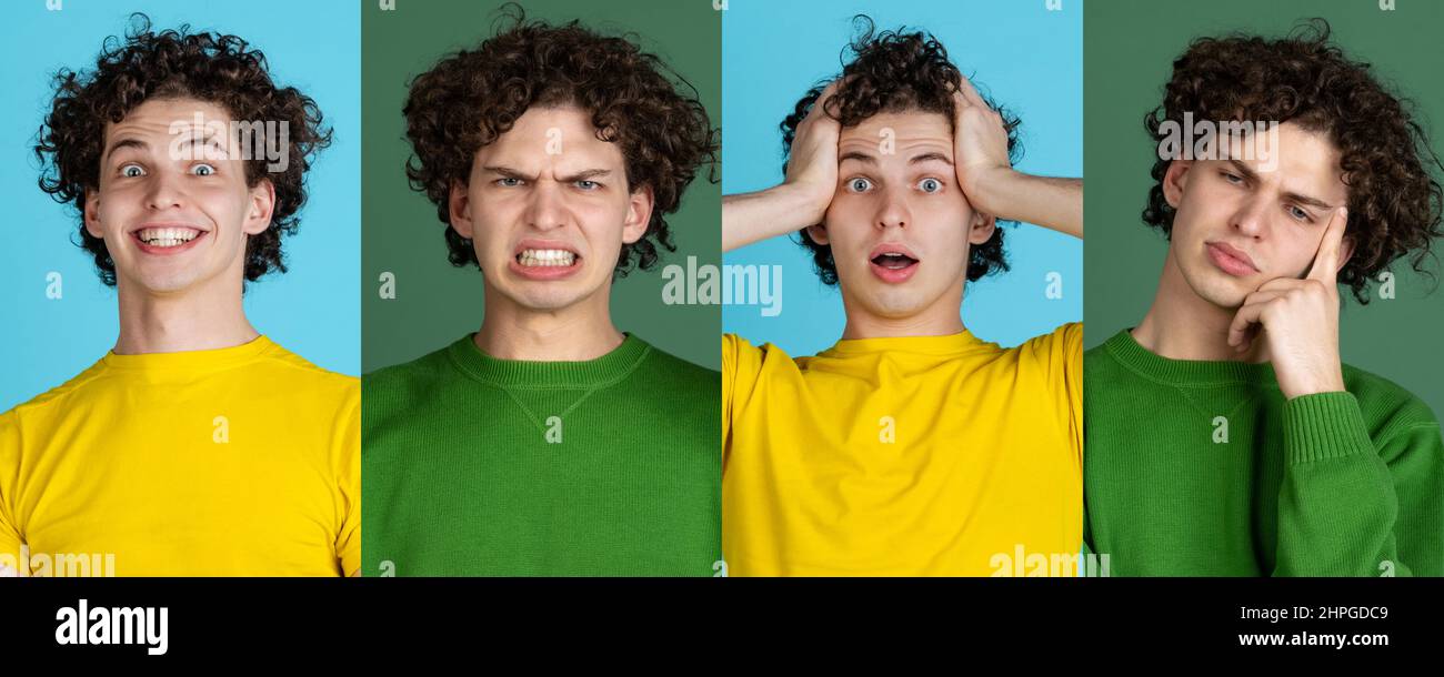 Collage. Portraits of young curly man with emotion of happiness, stress ...