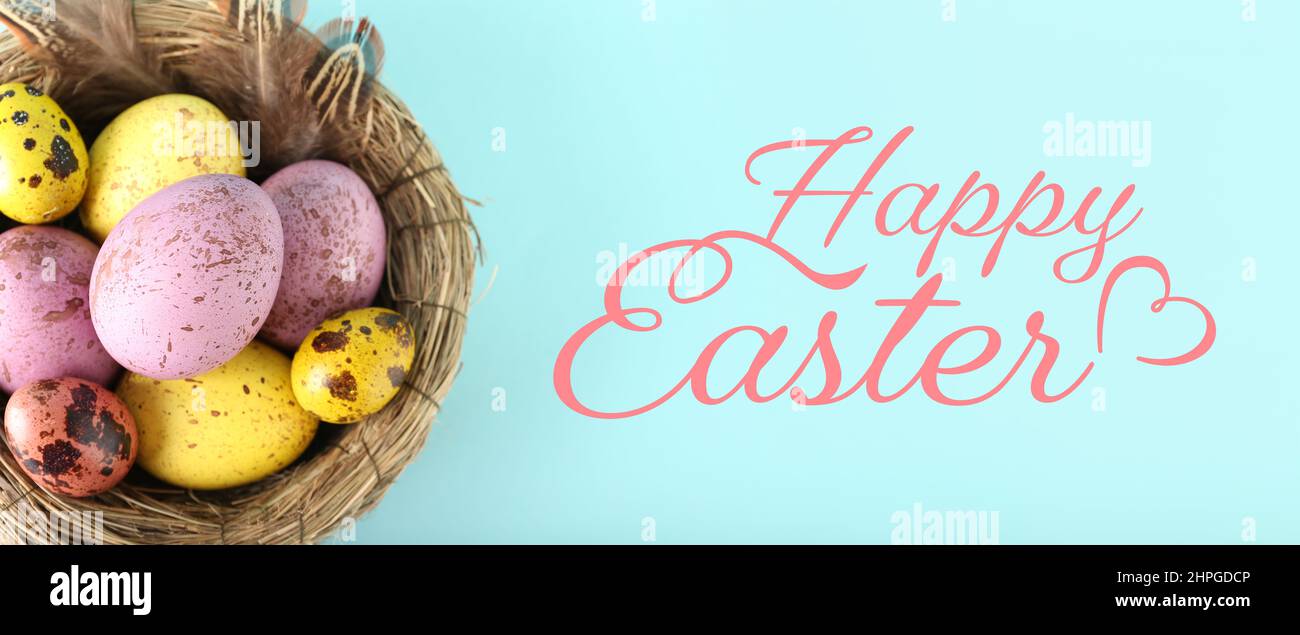 Beautiful Easter greeting card with painted eggs in nest Stock Photo ...