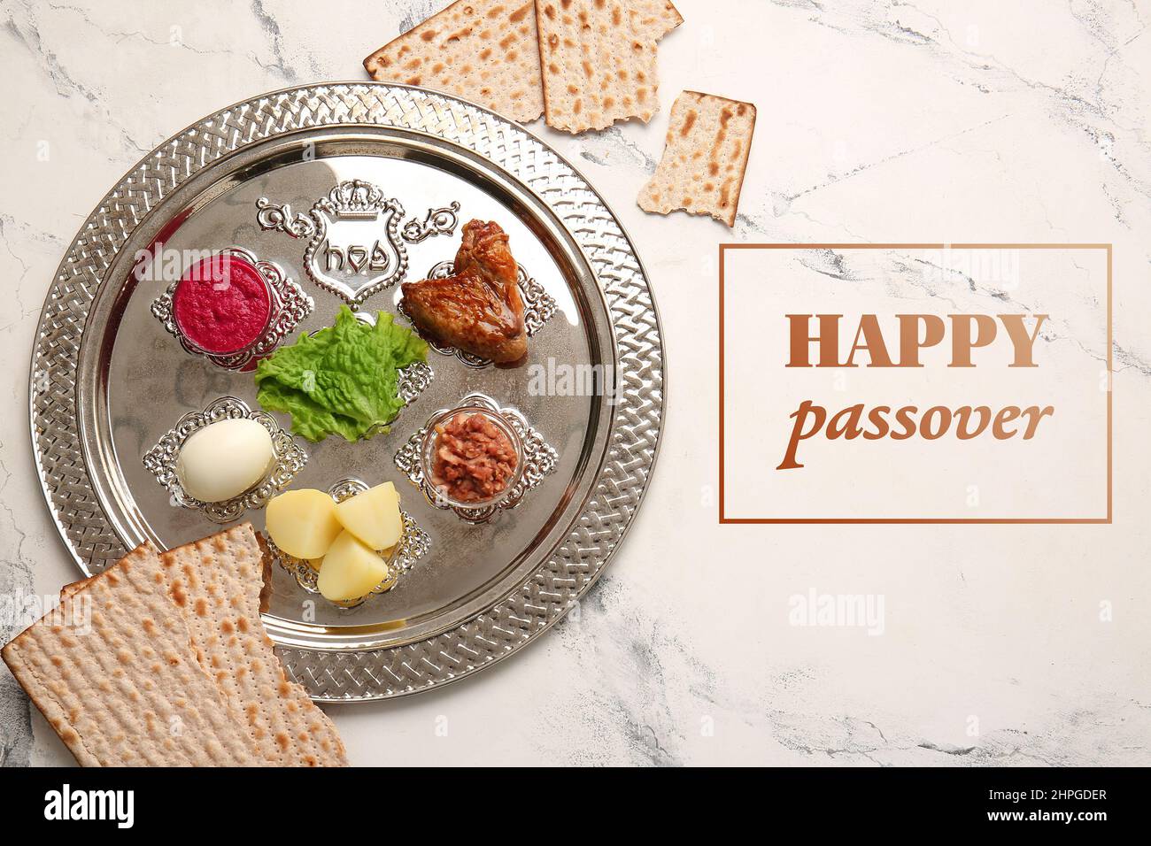 Greeting card for Happy Passover with Seder plate and traditional food ...