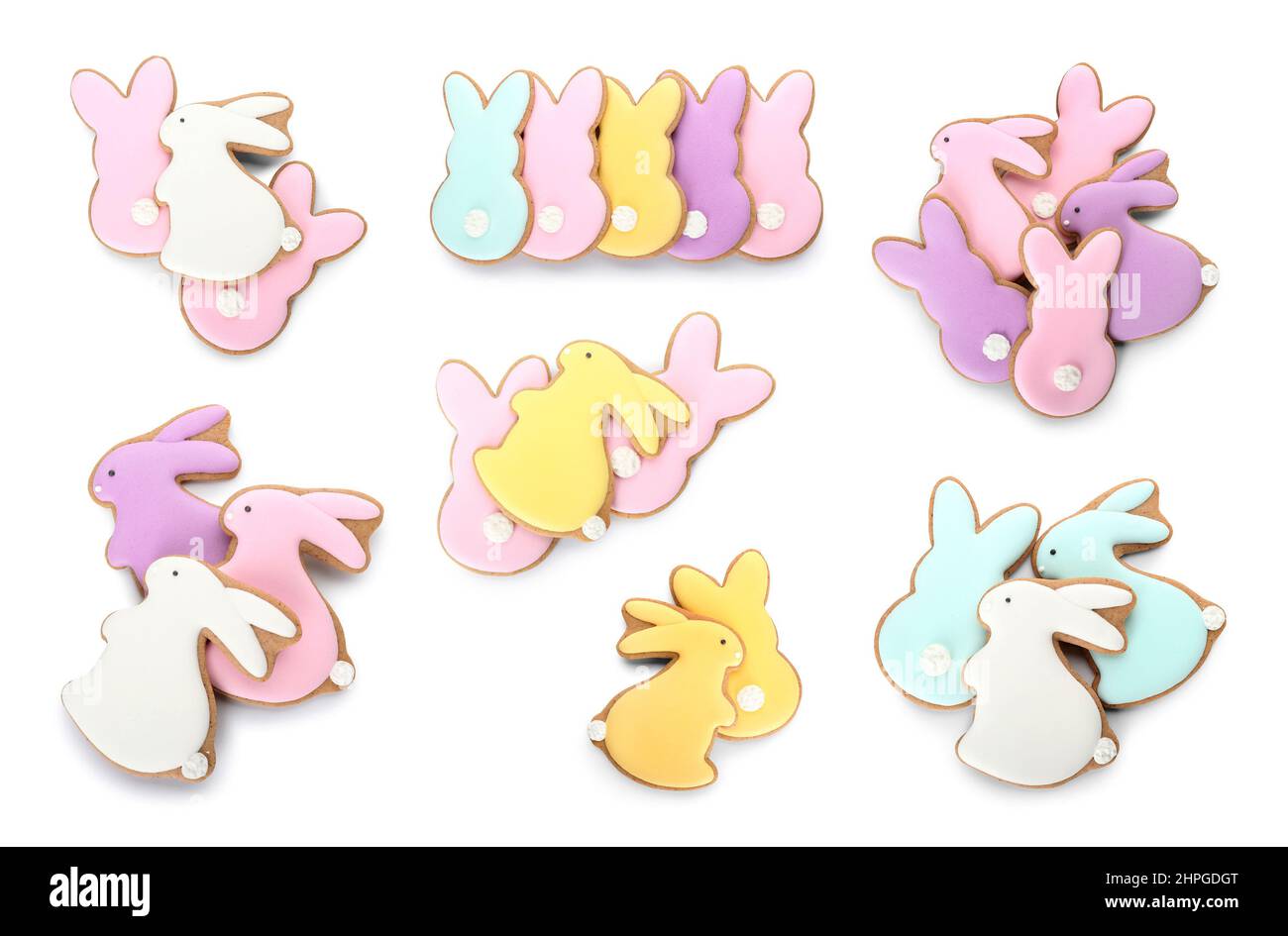Delicious Easter cookies in shape of bunny on white background Stock ...