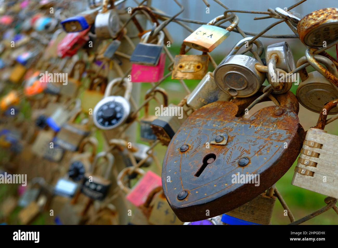 Detail of old locks representing couples love near Golden Gate Bridge ...